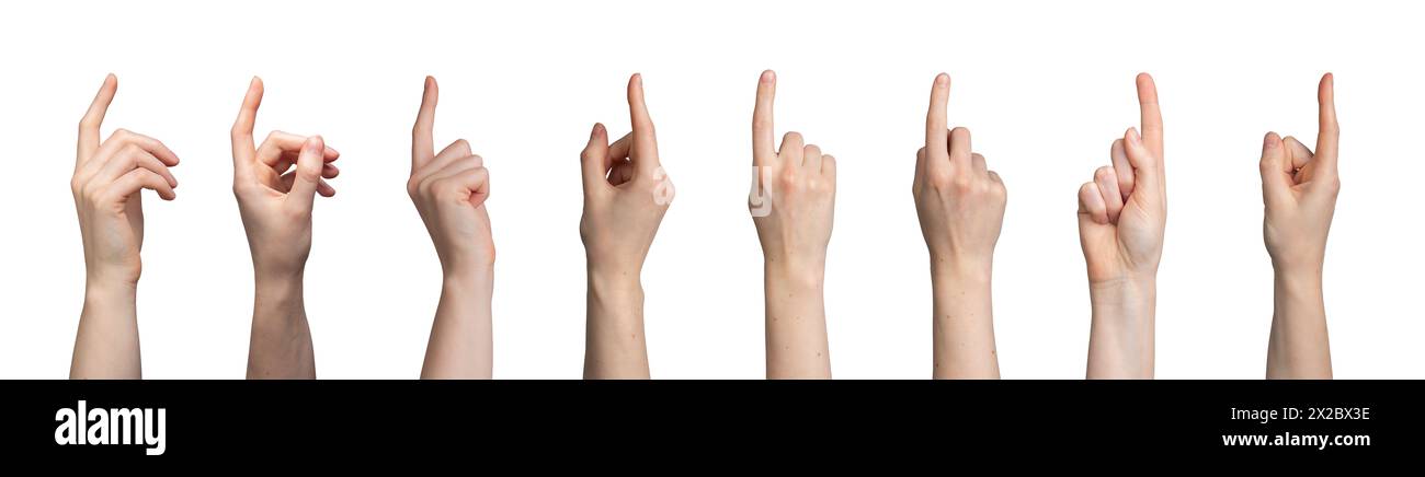 Female hand gestures isolated on white background. Palm, arm holding, pointing with index finger ...