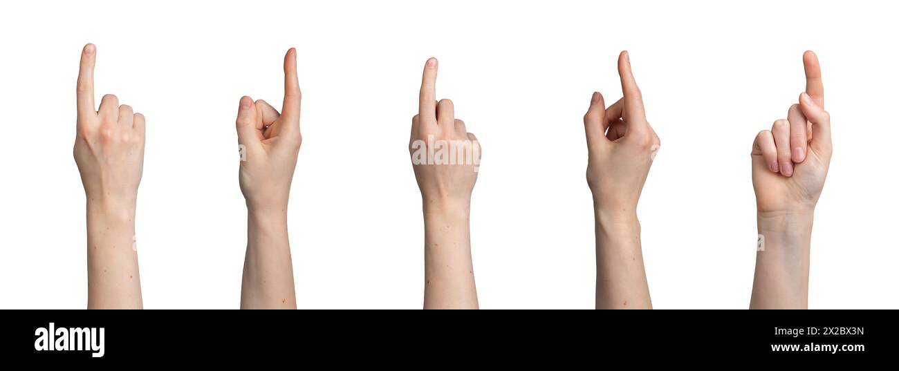 Female hand gestures, palm pointing up, side, front, back. Woman s fingers holding, touching ...