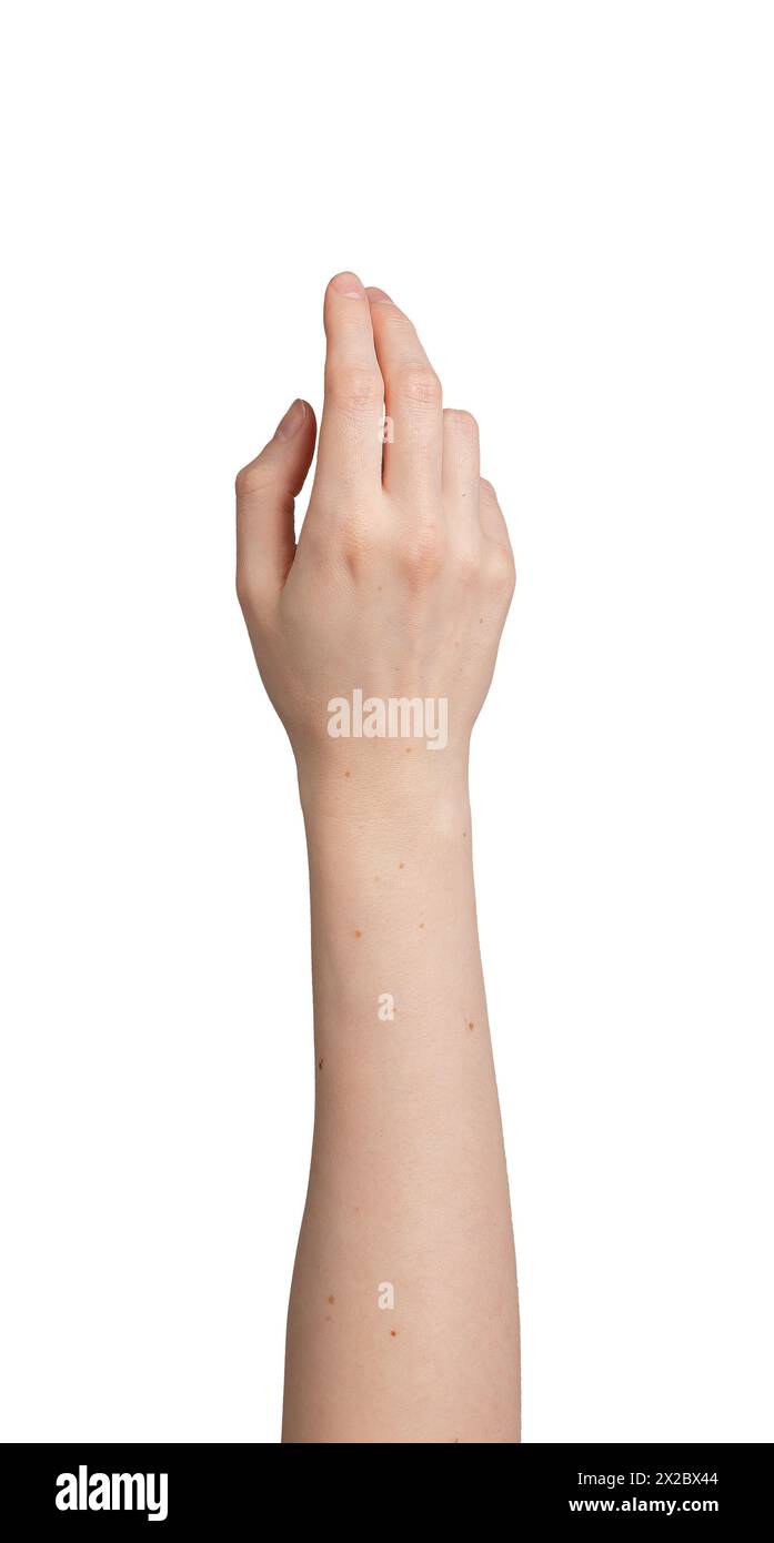 Female hand showing gesture. Caucasian woman holding empty palm, arm ...