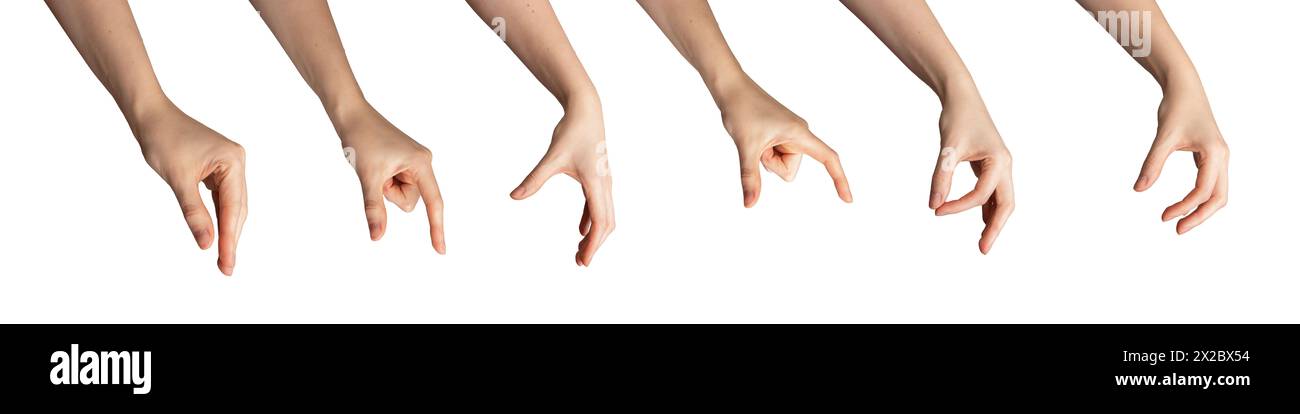 Female hand showing gestures. White palm, arm, fingers in various signs. Concept isolated icon ...