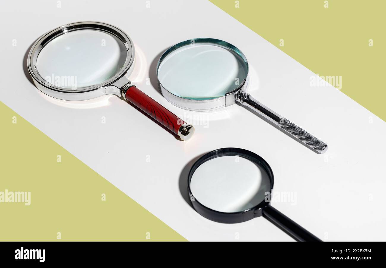 Glass magnifier concept. Science object with handle for scrutiny ...