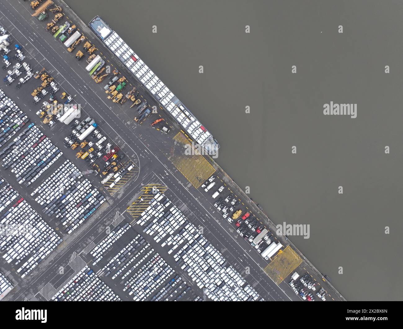 Aerial top down view on roll on roll off terminal, shipping and ...