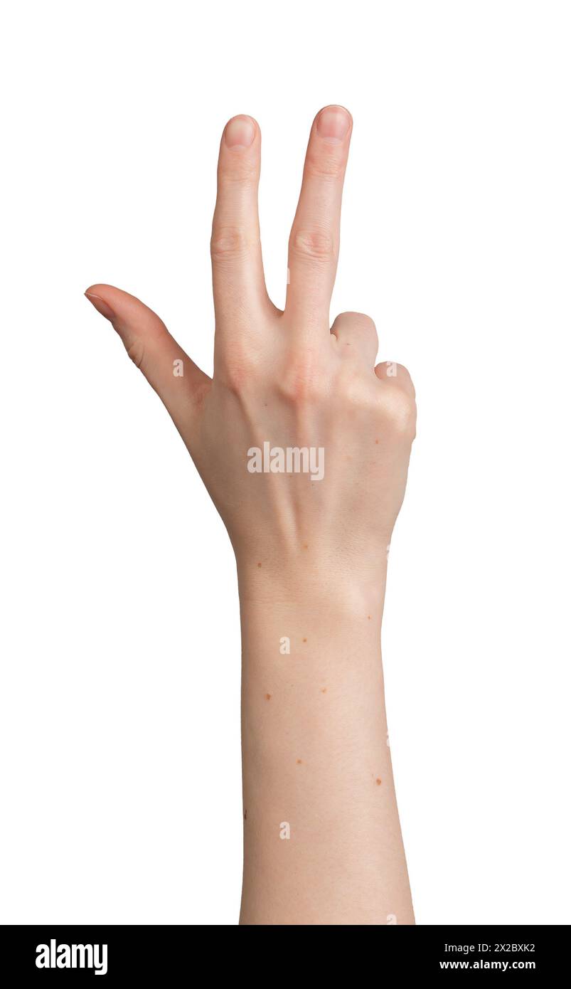 Hand gesture showing number three. Caucasian woman holding up palm ...