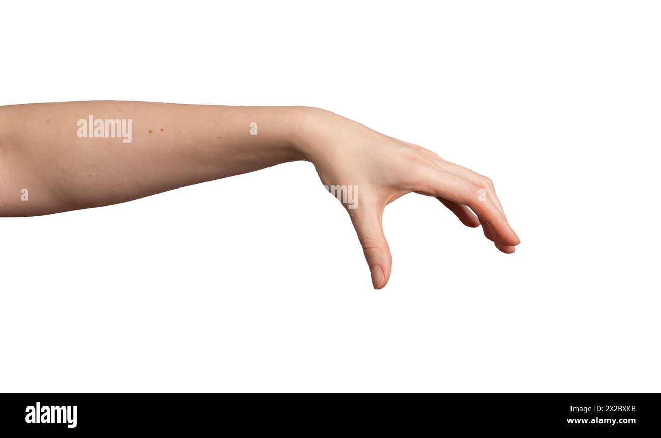 Hand gestures, white background. Woman showing signs with fingers, palm ...