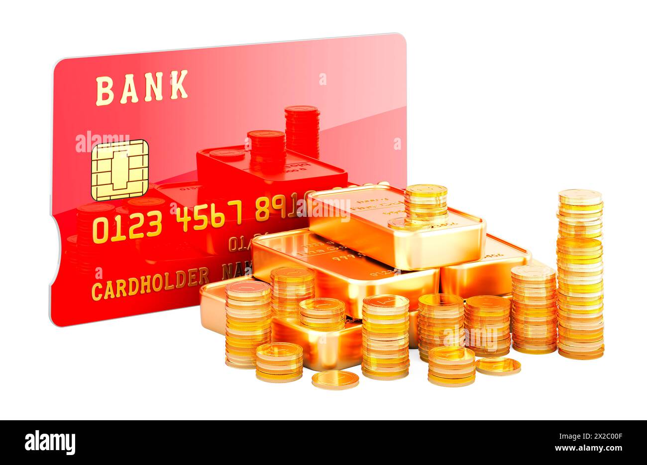 Credit bank card with gold ingots and golden coins, 3D rendering ...