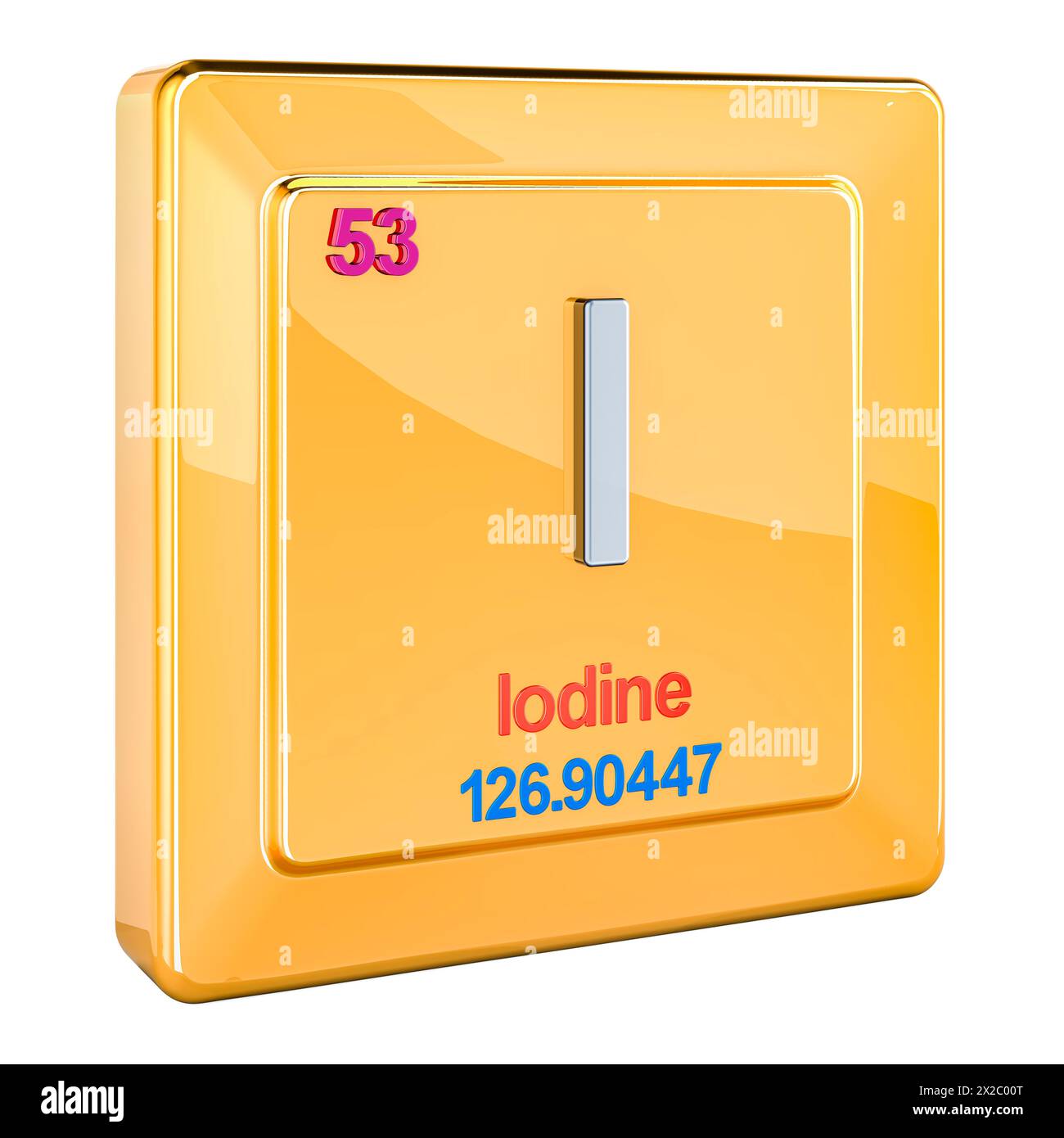 Iodine I, chemical element sign with number 53 in periodic table. 3D ...