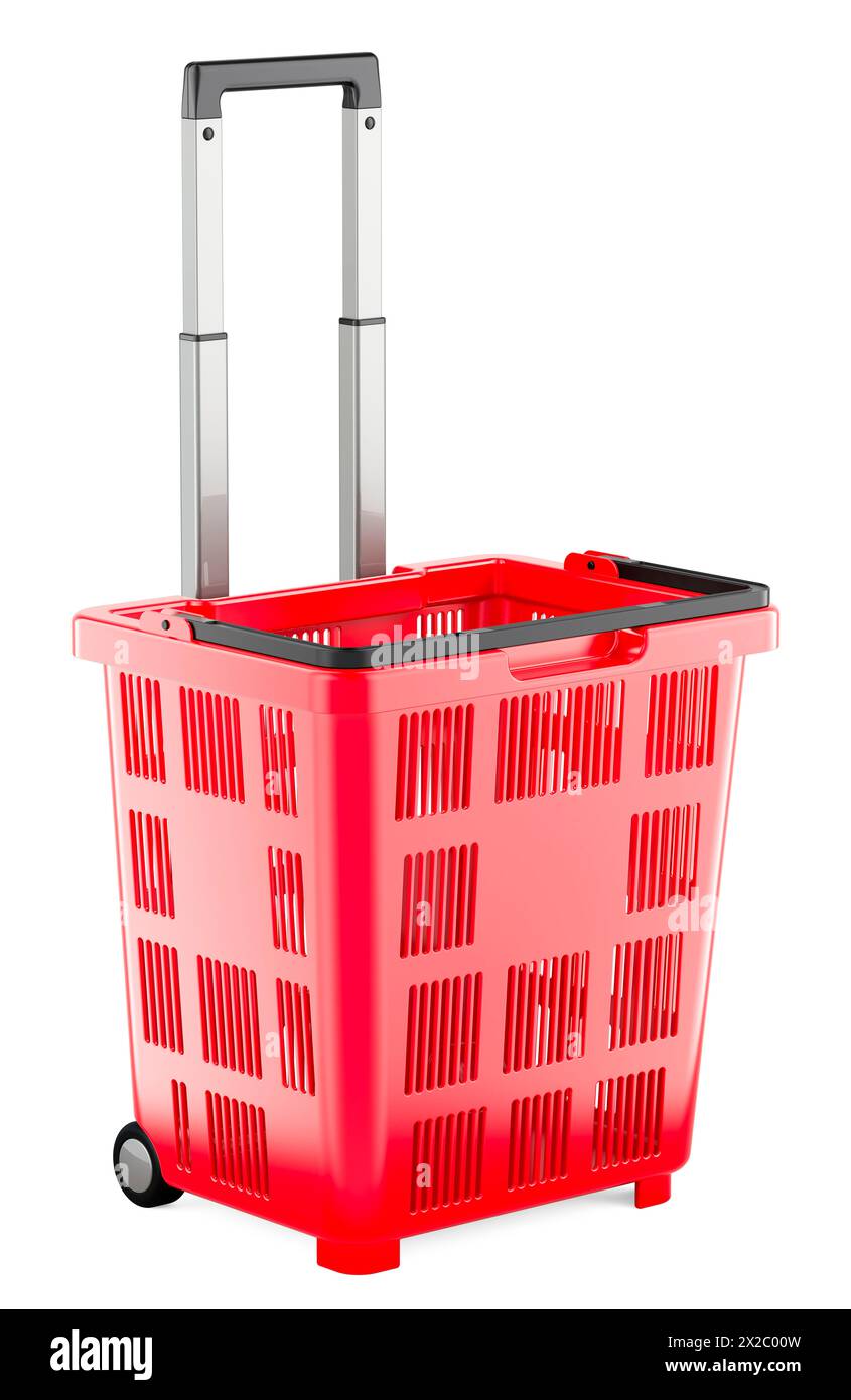 Plastic Rolling Shopping Basket with wheels and handle. 3D rendering ...