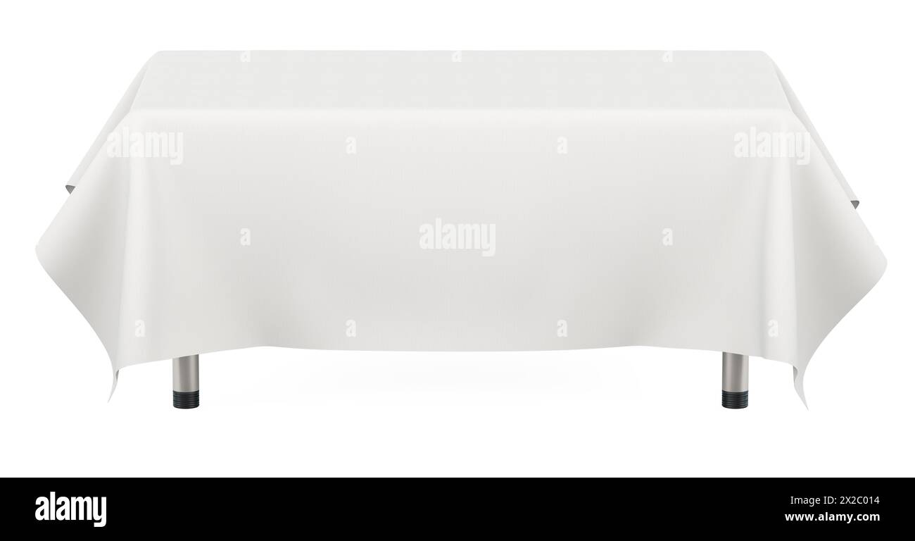 Long, empty rectangular table with white table cloth. 3D rendering ...