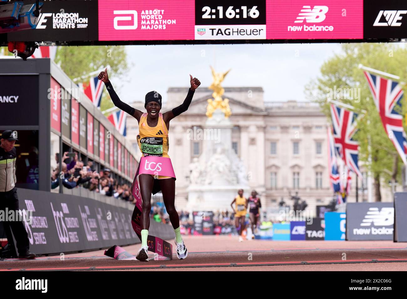 Olympic champion Peres Jepchirchir, from Kenya, crosses the finish line beating the women's-only ...