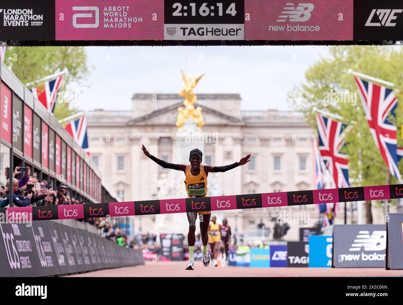 Olympic champion Peres Jepchirchir, from Kenya, crosses the finish line beating the women's-only ...
