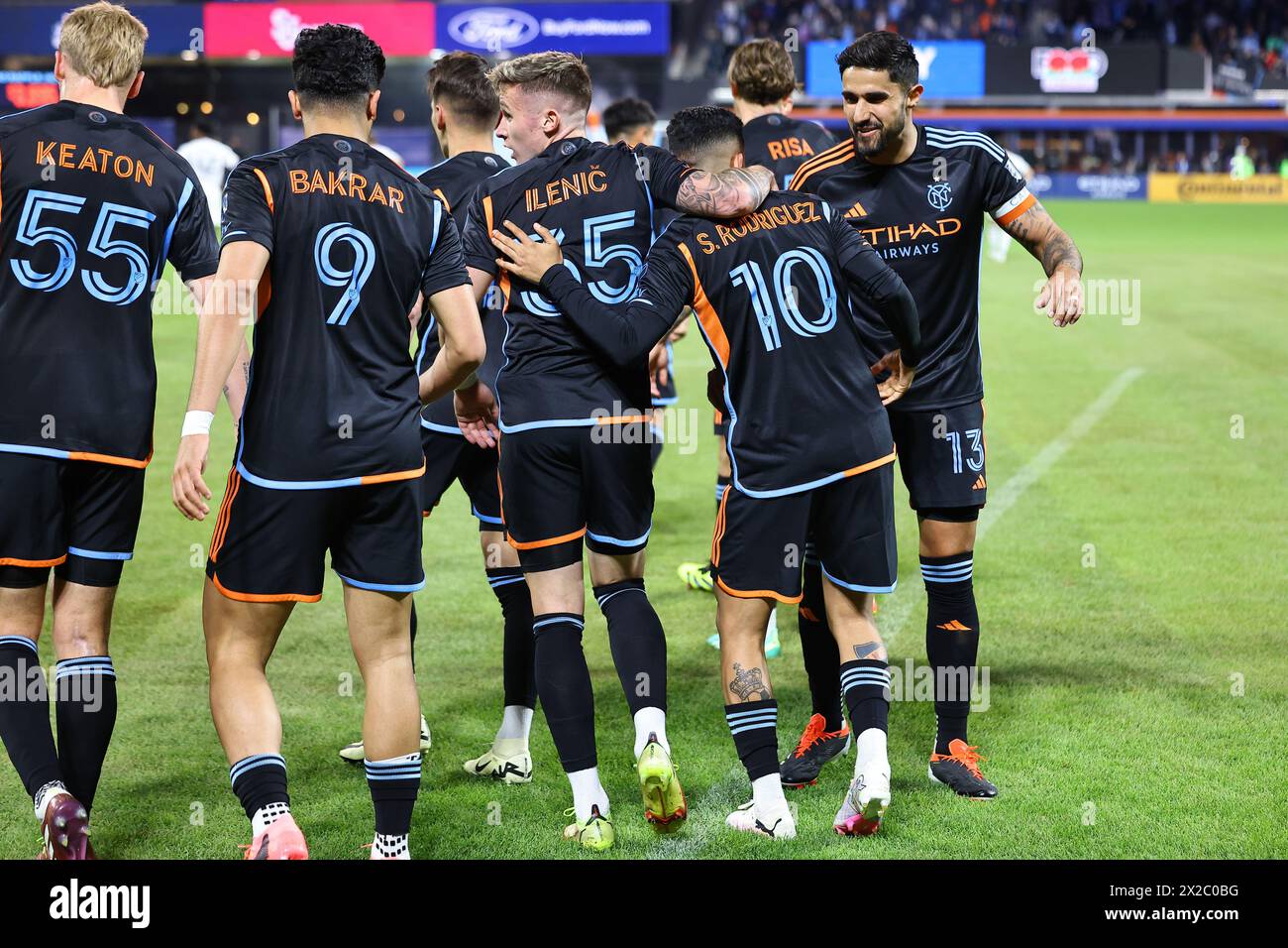 Teammates celebrate with New York City FC midfielder Santiago Rodríguez ...