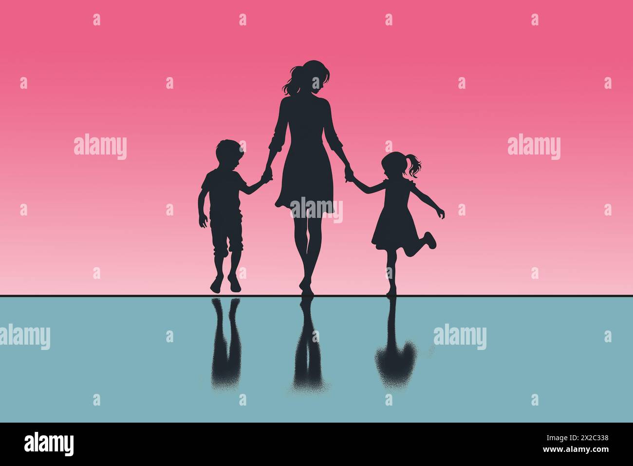 Silhouette of a mother and two children on a pink background. It ...