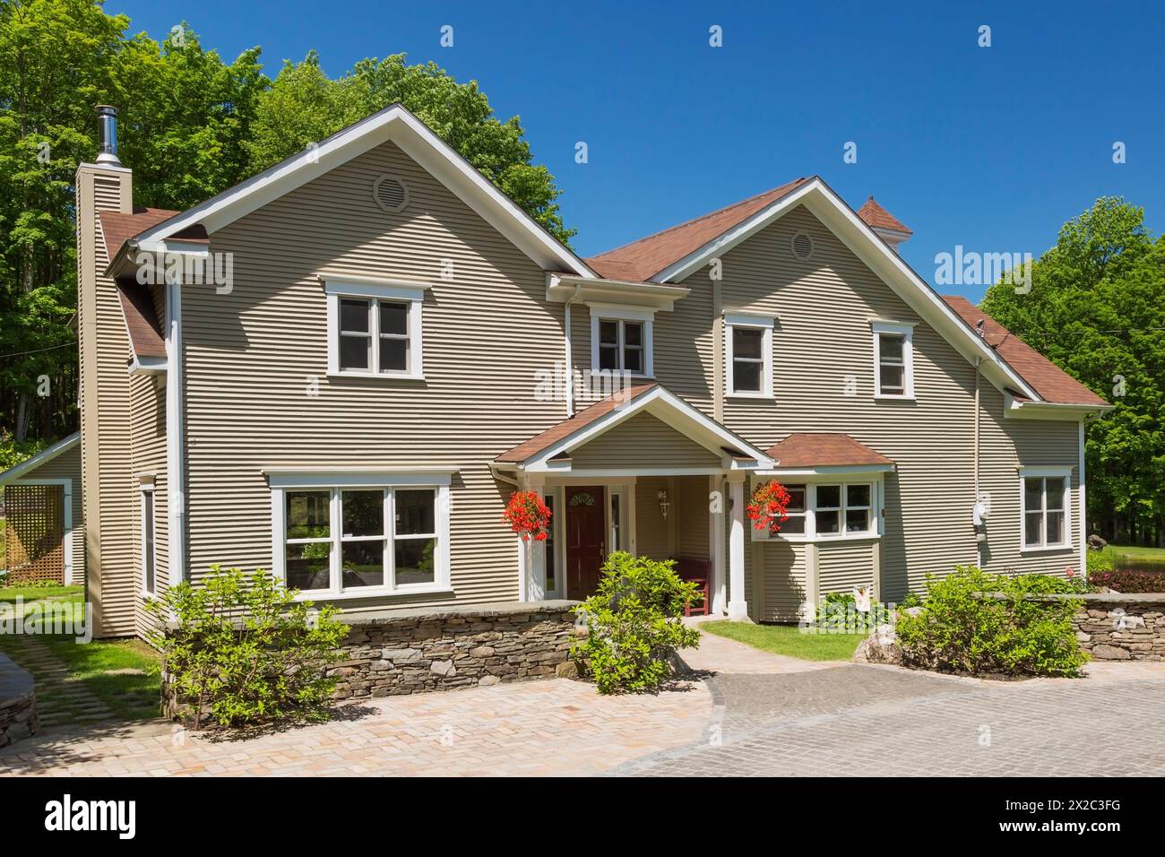 Tan with white trim 1990s contemporary Victorian style country home ...