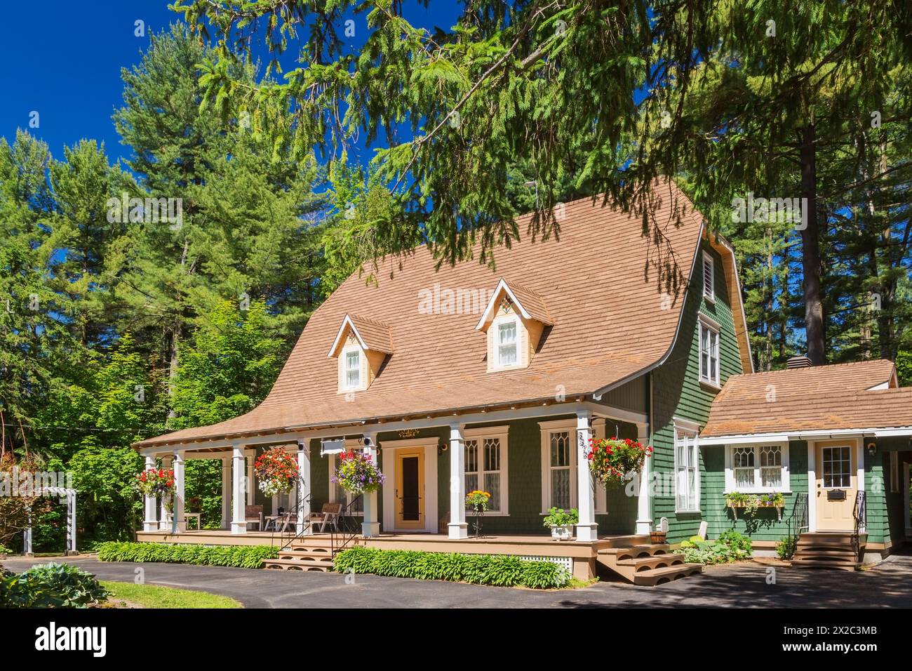 Old 1920s green cedar wood shingles siding with white trim bell roof ...
