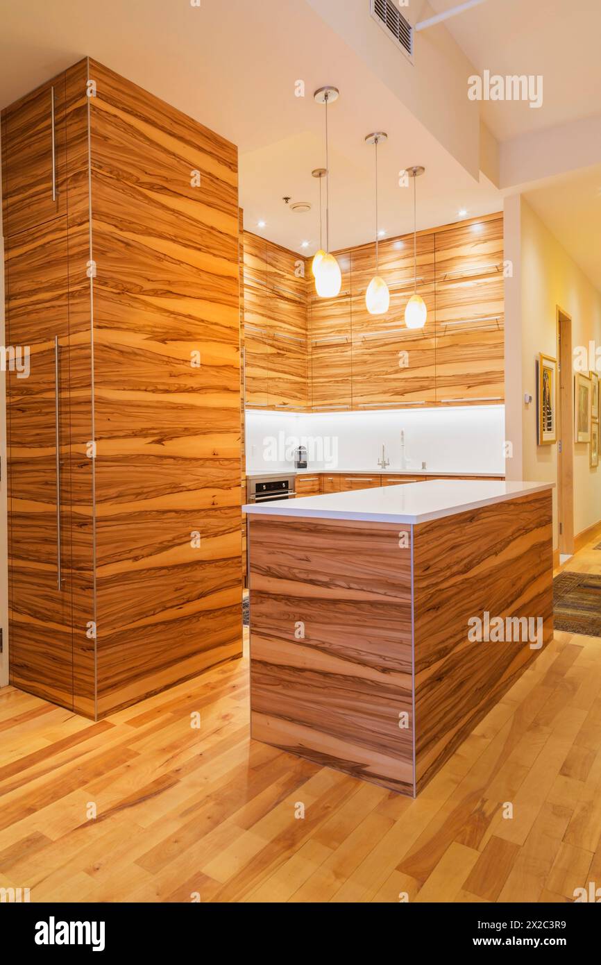 Gumwood cabinets and island with pure white quartz countertop in ...