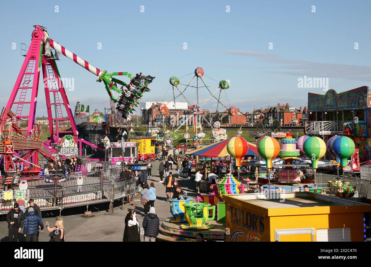 A view of the travelling funfair, at the seaside resort of Fleetwood ...