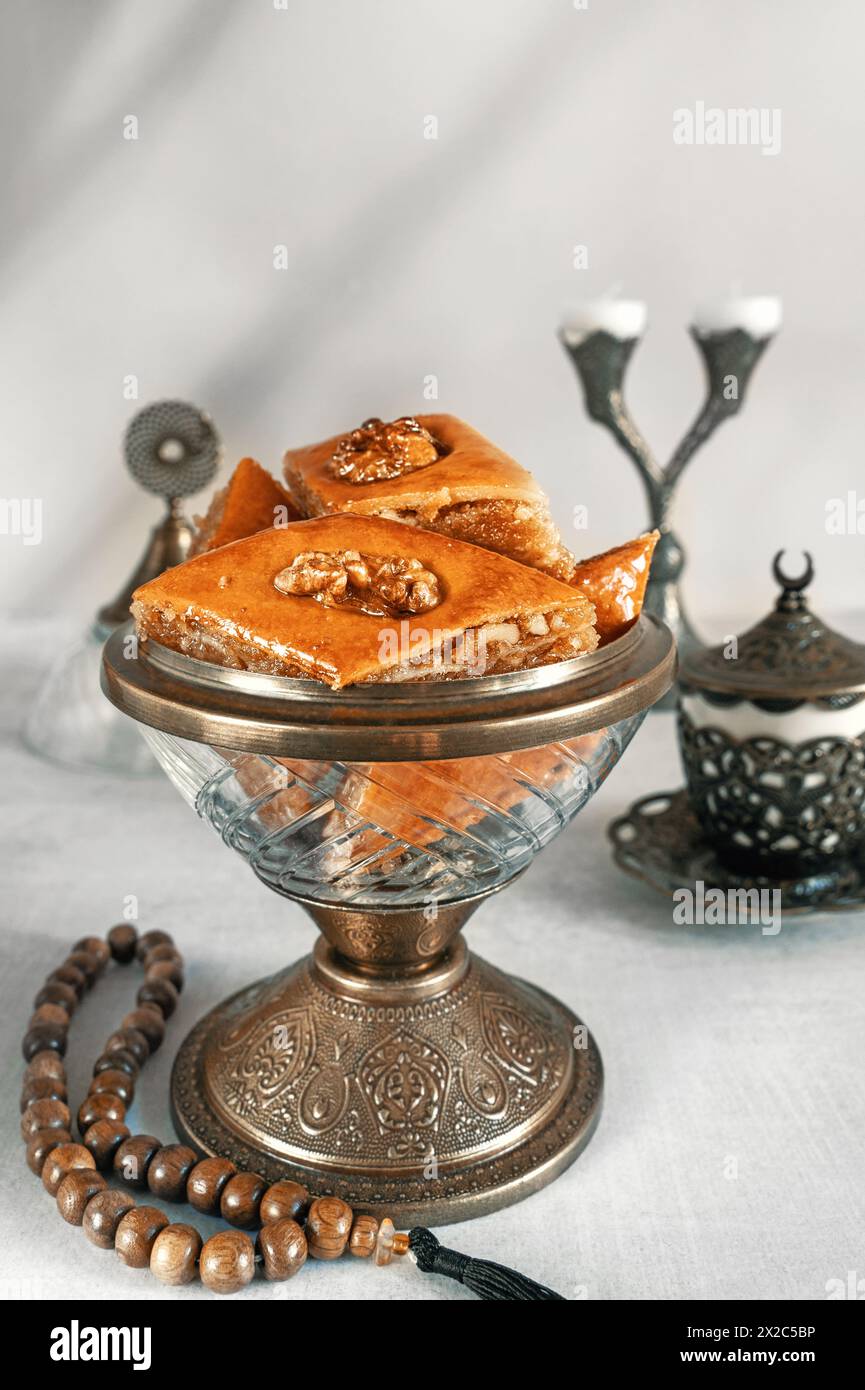 Arabian Baklava with nuts and honey on white background, top view ...