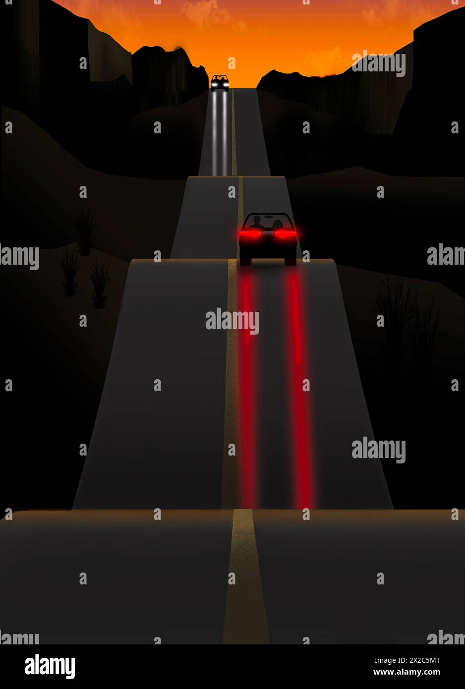 Cars drive on an up and down ribbon of highway in the American ...