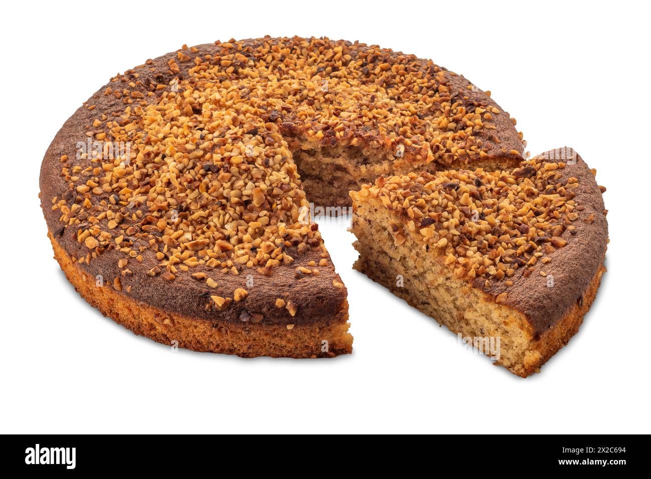 Hazelnut sponge cake cut with roasted hazelnut kernels on top and with ...