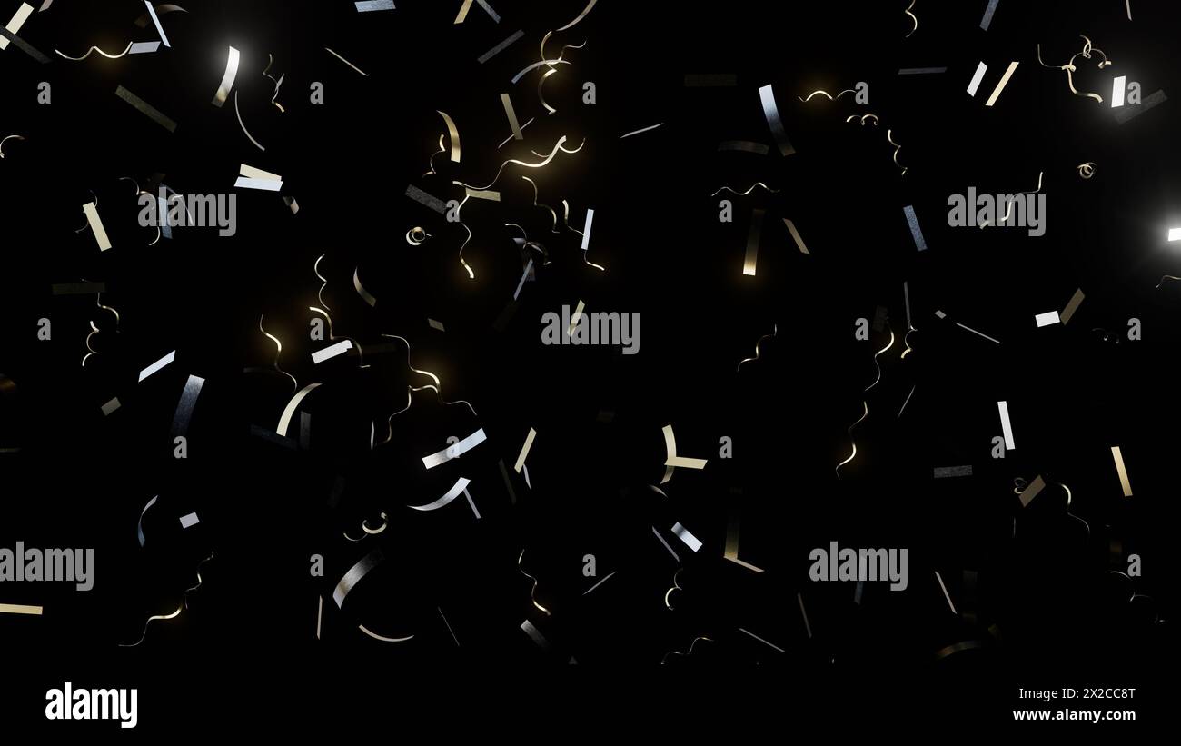 Golden flickering confetti party popper falling on black background ...