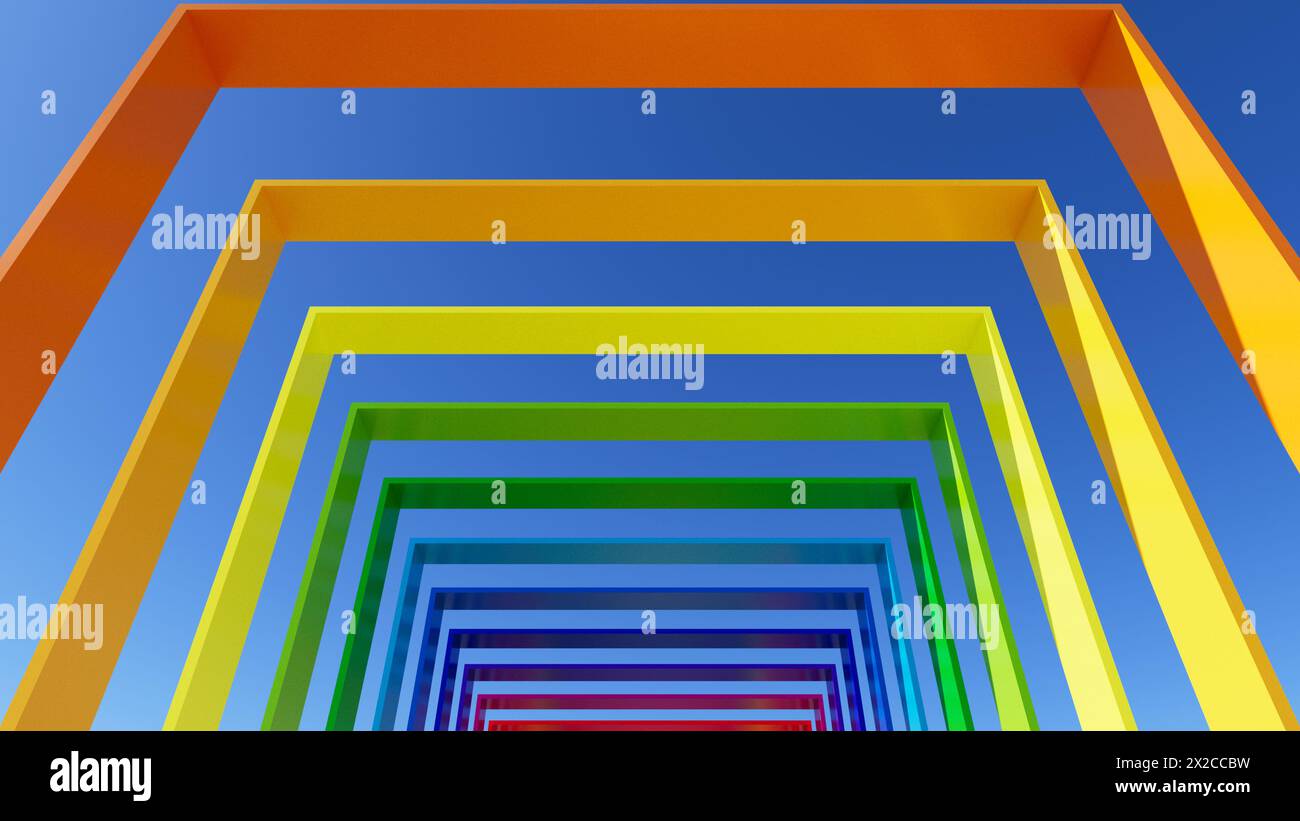 3D render of illustration of rainbow colored square arches in day light ...