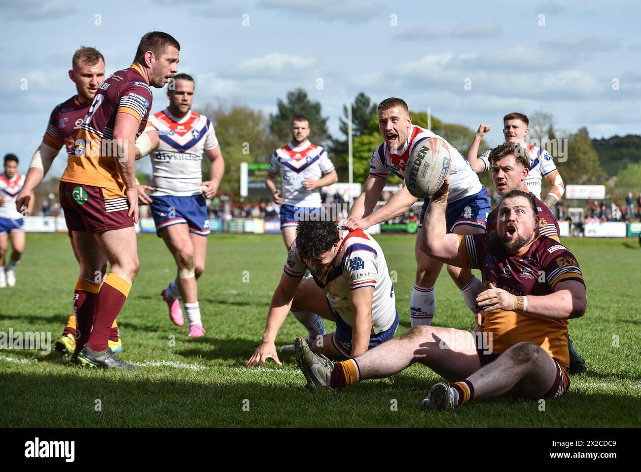 Batley, England - 21st April 2024 Wakefield Trinity's Caleb Uele scores ...