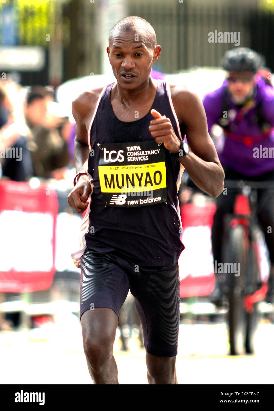 London, UK. 21st April 2024, London, UK. Event: 2024 London Marathon. Caption: Leading Elite Men ...