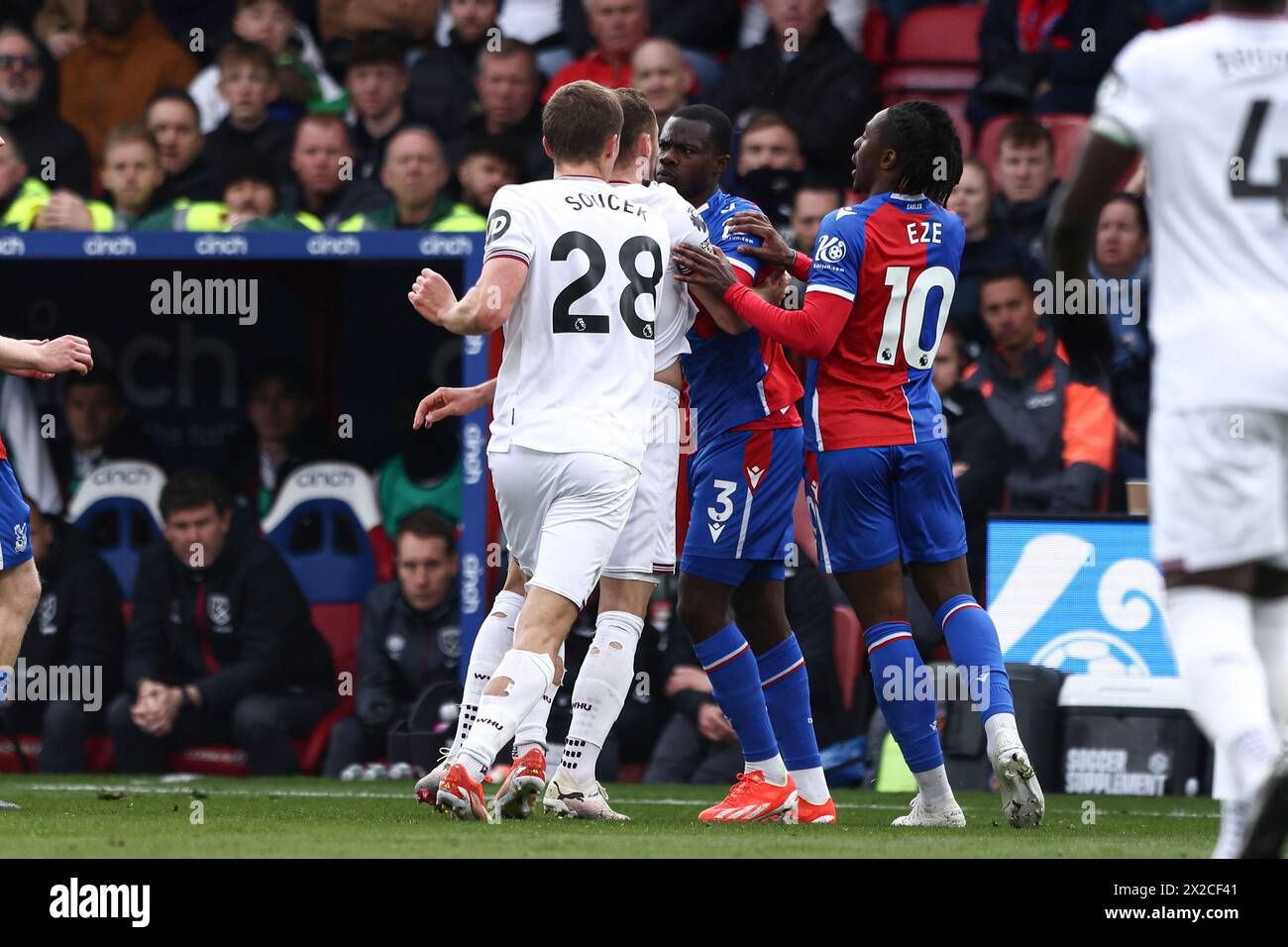 Tempers flare during the Premier League match between Crystal Palace and West Ham United at ...