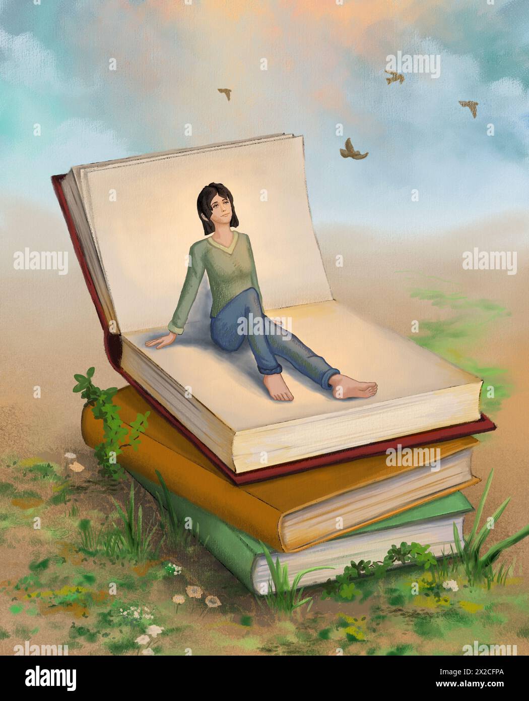 Girl daydreaming while sitting on a giant open book Stock Photo - Alamy