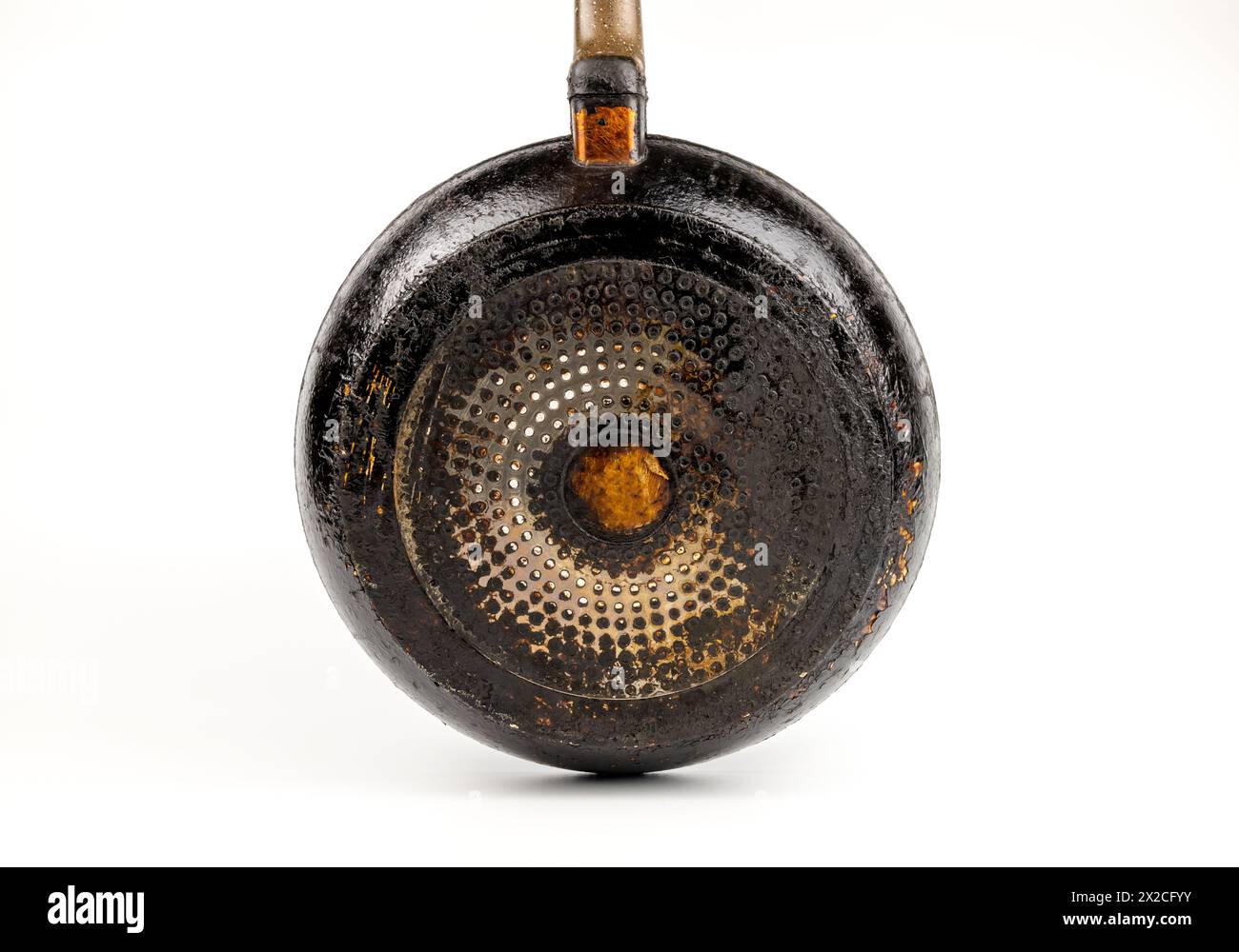 Dirty pan, rear view. old aluminium pan with stains and burnt fat. The ...