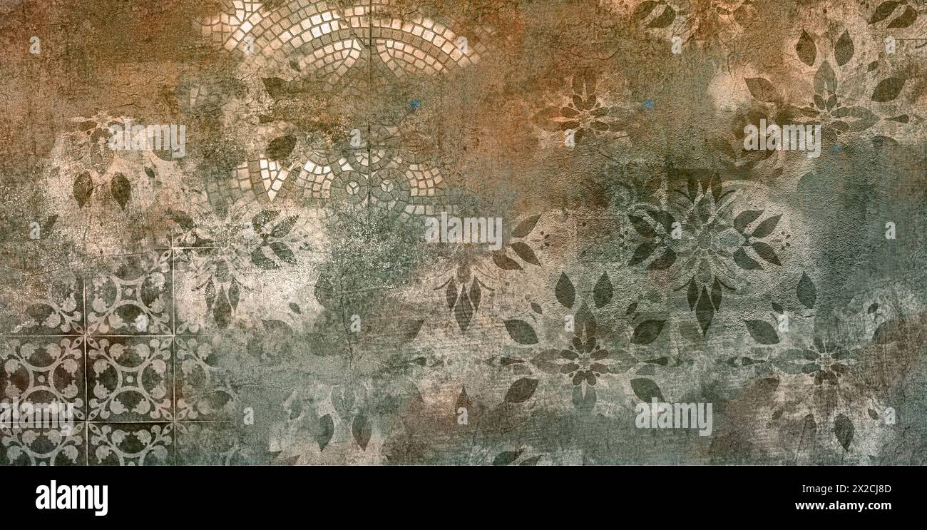 Old brown gray rusty vintage worn shabby patchwork floral flower leaves ...