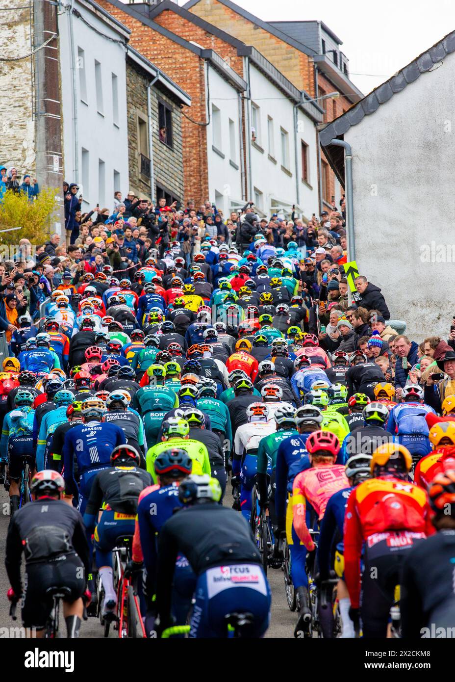 Liege, Belgium, 21st April, 2024,THe Peloton climb the Cote de Saint ...