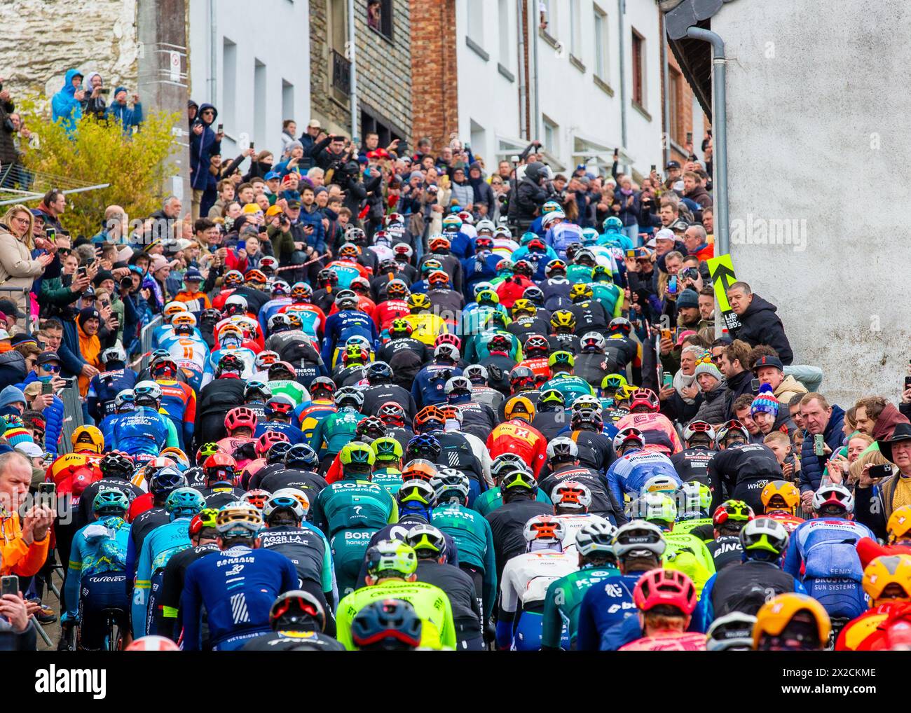 Liege, Belgium, 21st April, 2024,THe Peloton climb the Cote de Saint ...