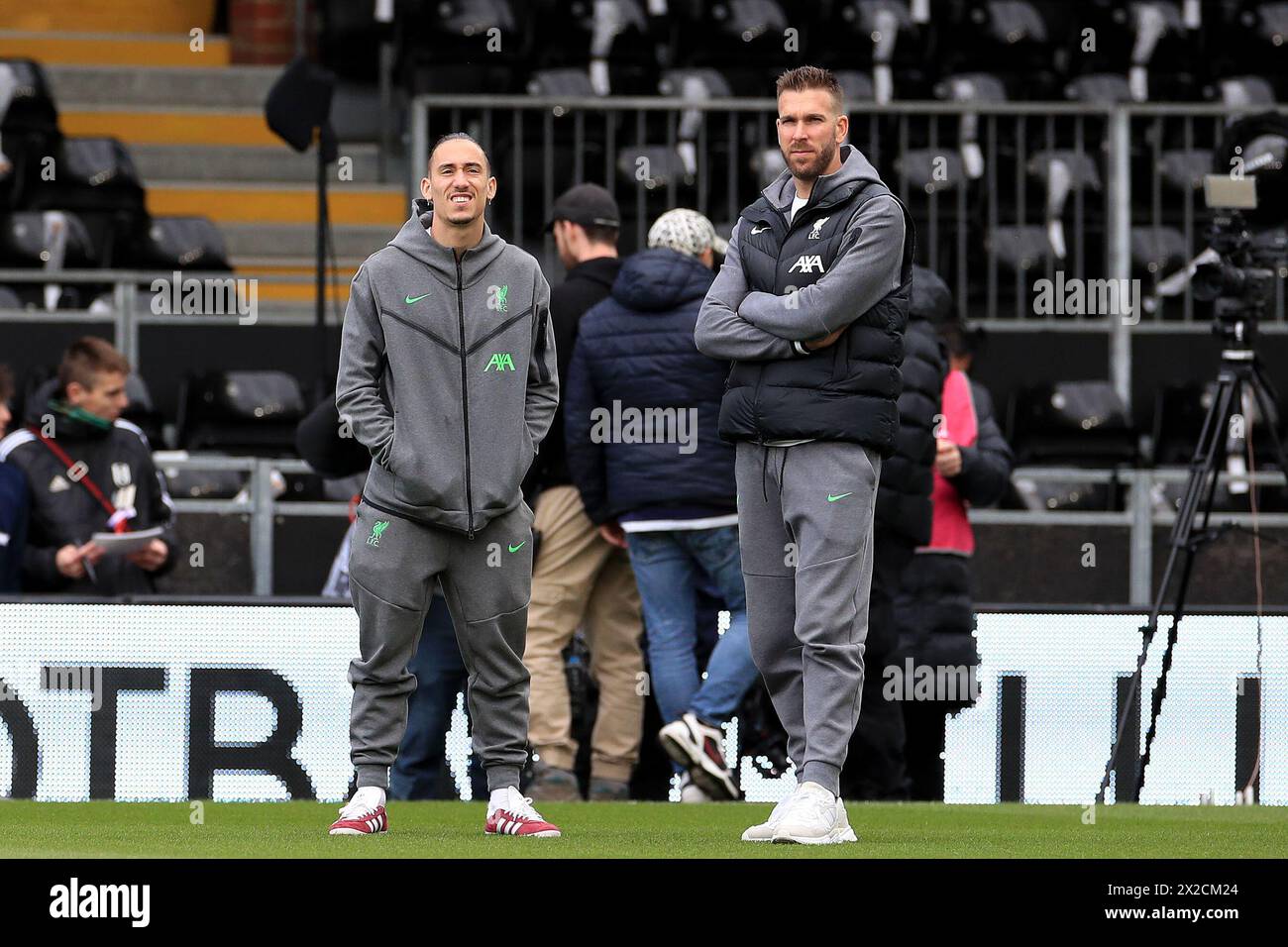 London, UK. 21st Apr, 2024. Kostas Tsimikas of Liverpool and Adrián of ...