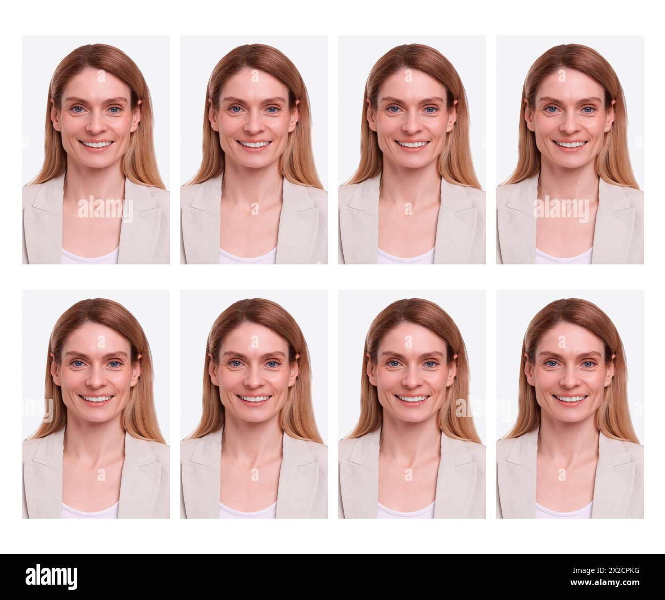 Passport photo, collage. Woman on white background, set of photos Stock ...