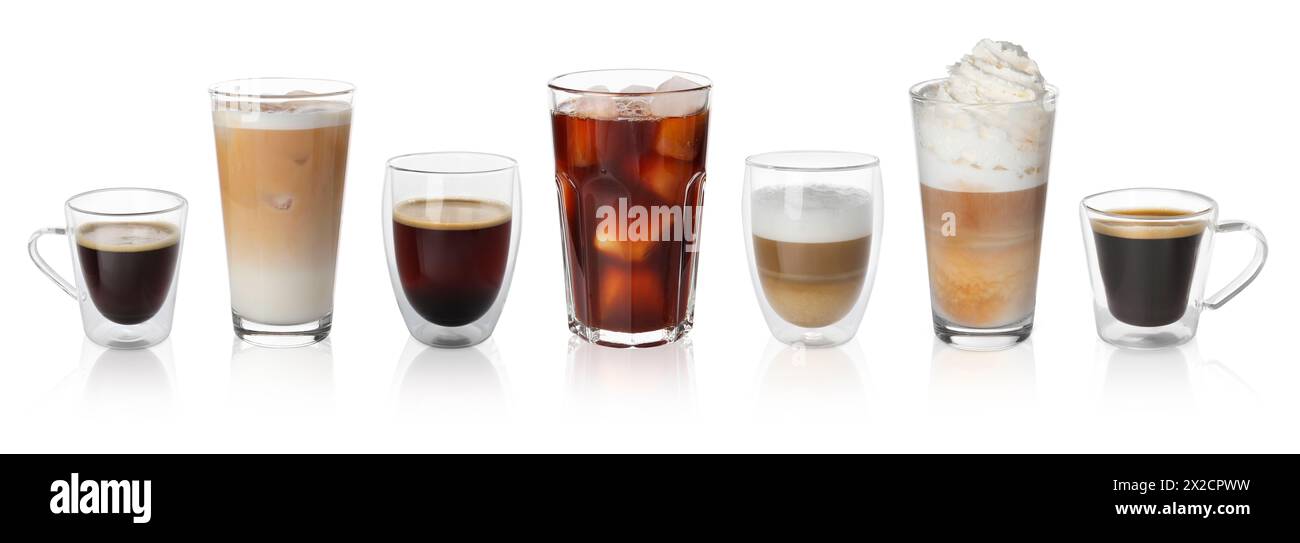 Set of different coffee drinks drinks in cups and glasses on white ...