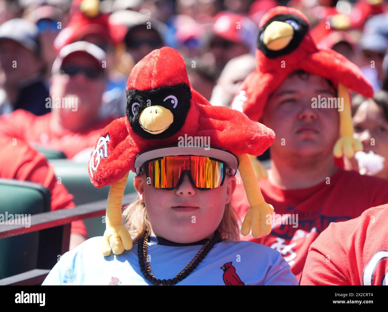 St. Louis, United States. 21st Apr, 2024. St. Louis Cardinals fans wear ...