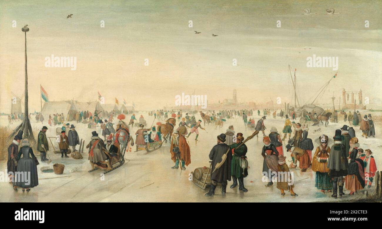 Painting of winter scene Enjoying the Ice near a Town, by Dutch painter ...