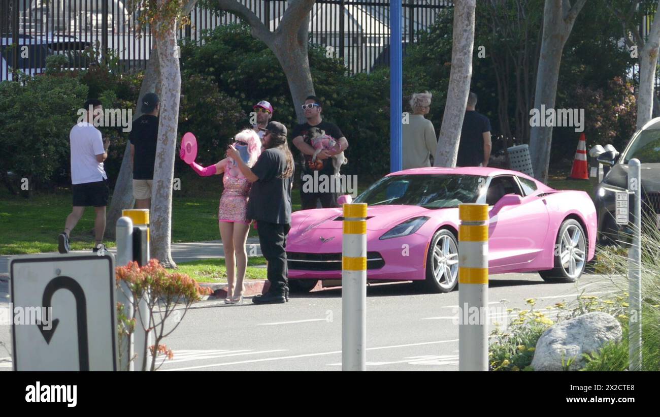 West Hollywood, California, USA 21st April 2024 Angelyne wearing a mask ...