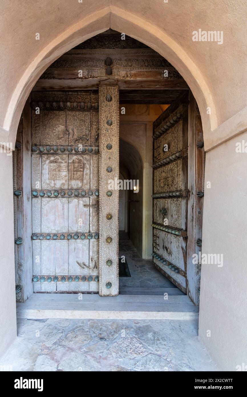 Rustaq, Oman - February 14 2023: Door at the entrance of the Al Hazm ...