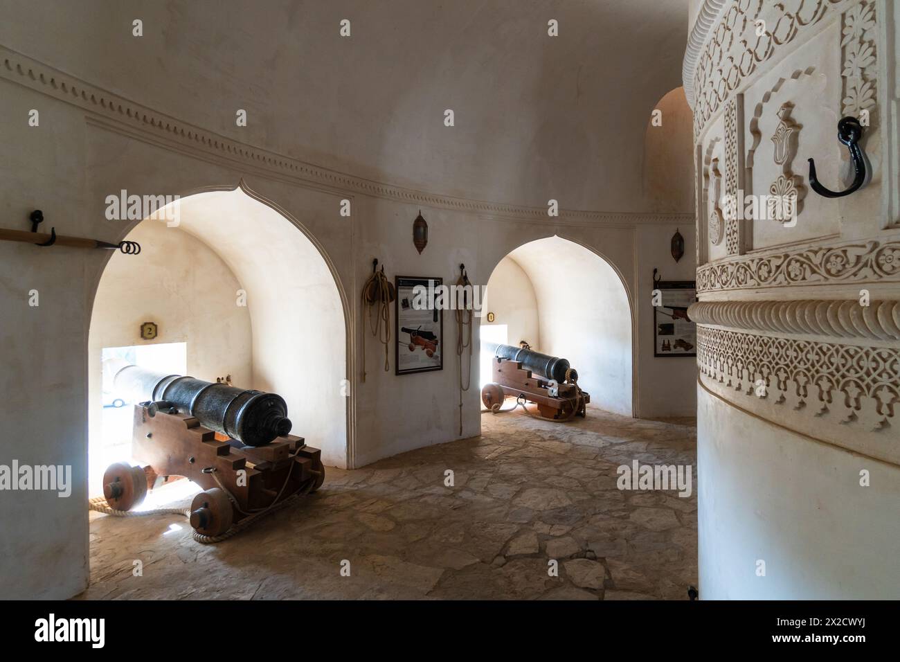 Rustaq, Oman - February 14 2023: cast-iron ancient cannon are displayed ...