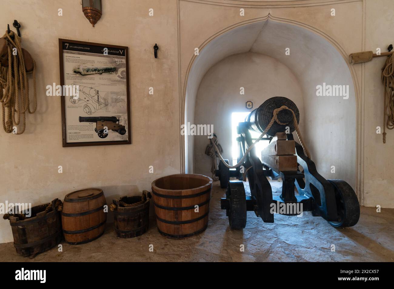 Rustaq, Oman - February 14 2023: cast-iron ancient cannon are displayed ...