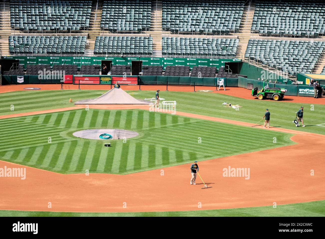 Groundcrew pregame field preparation at Oakland Coliseum's Ricky ...