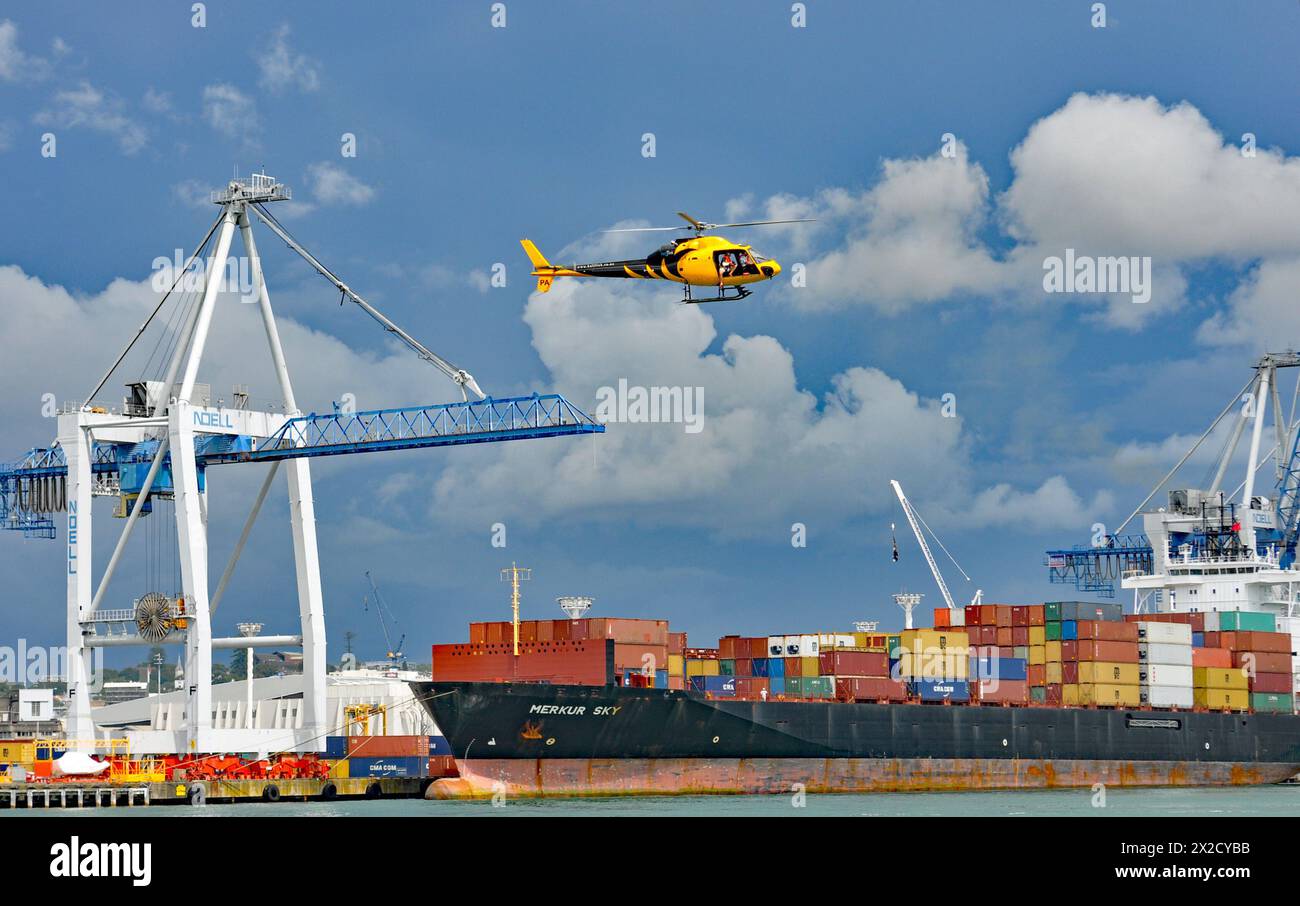 Helicopter over Ports of Auckland container port Fergusson Wharf Stock ...