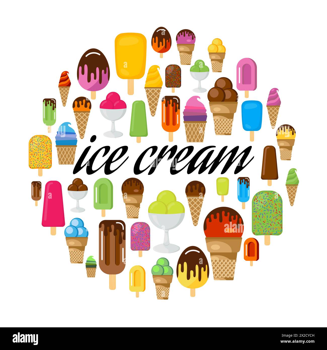 Set of colorful ice cream in circle. Black inscription ice cream in ...