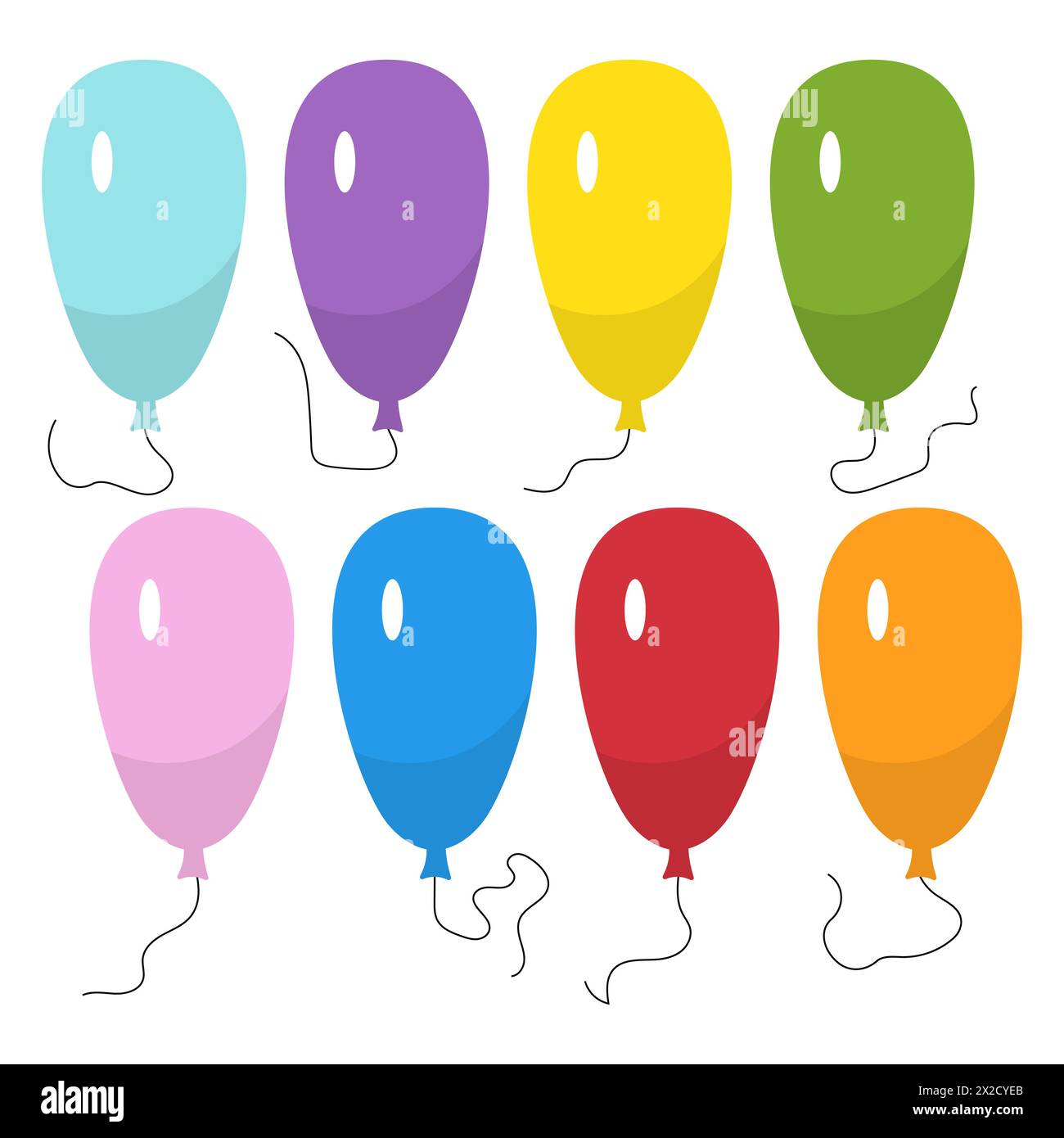 Set of eight colorful balloons with a string isolated on white ...