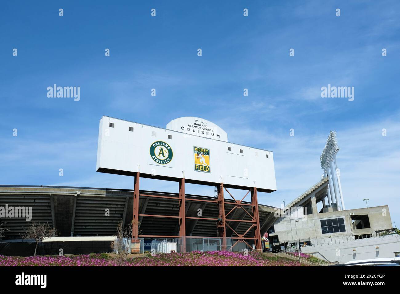 Welcome sign at Oakland Alameda County Coliseum and the Ricky Henderson ...