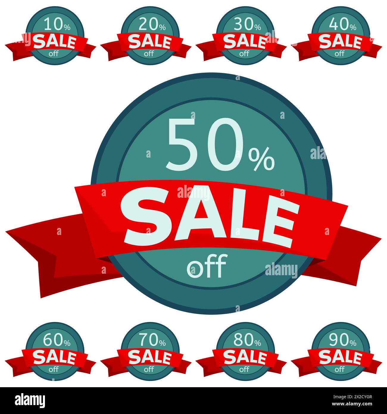 Set of discount stickers. Round badges with red ribbon for sale 10 - 90 ...