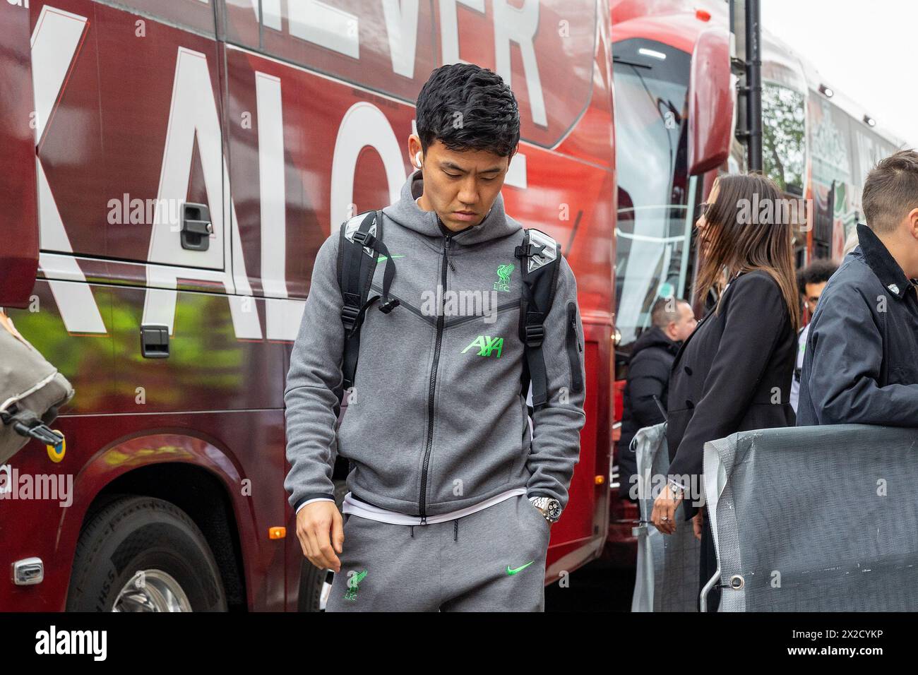 Liverpool player Wataru Endo arrives at Craven Cottage before the ...