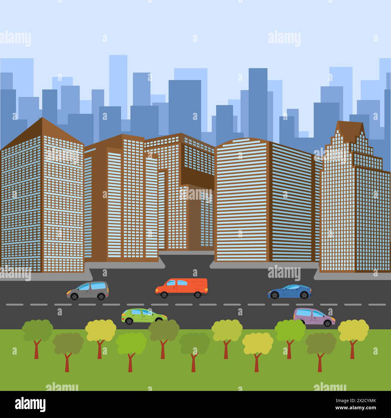 City street with a roadway and skyscrapers. Vector illustration Stock ...